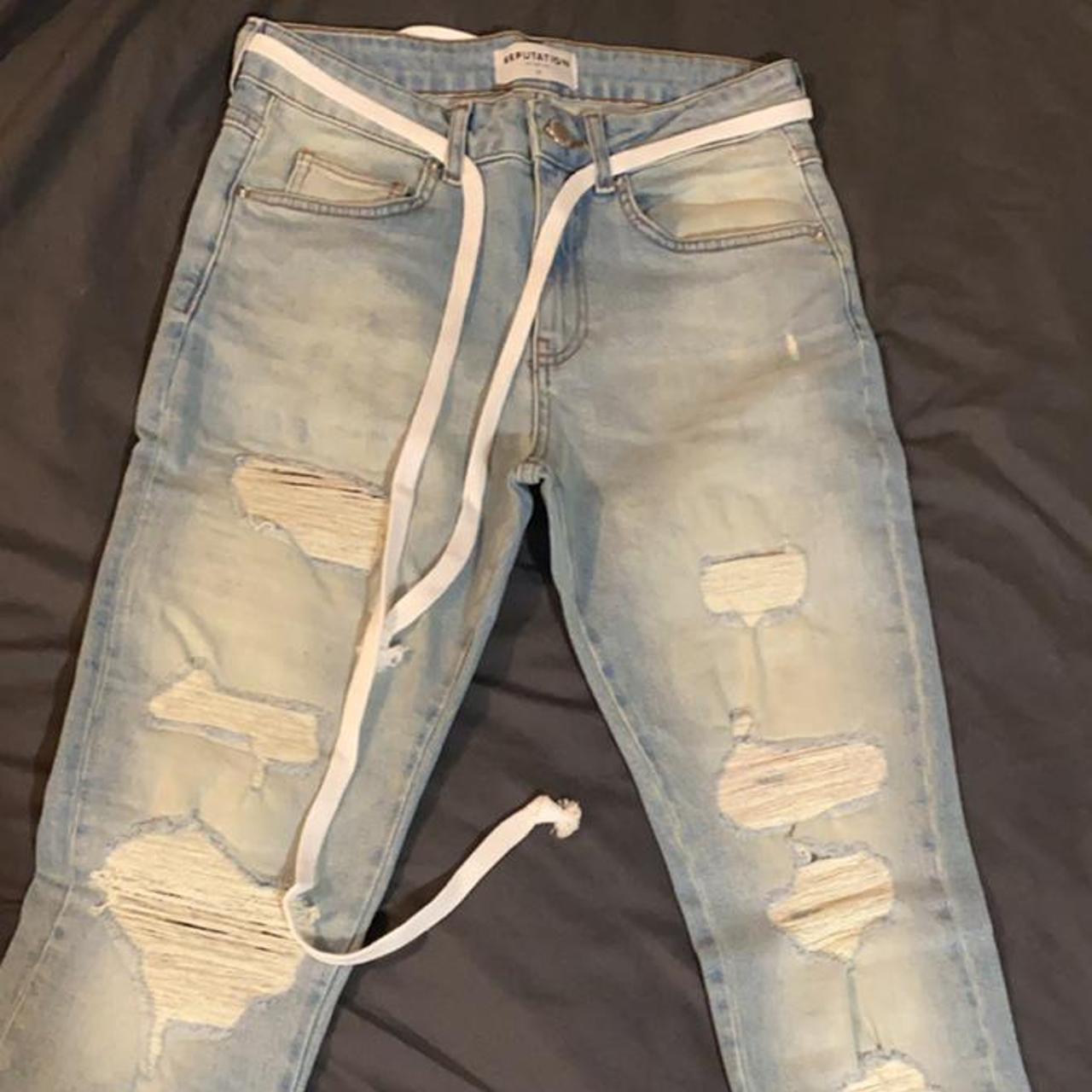 Reputation studios light blue ripped bandana jeans... - Depop