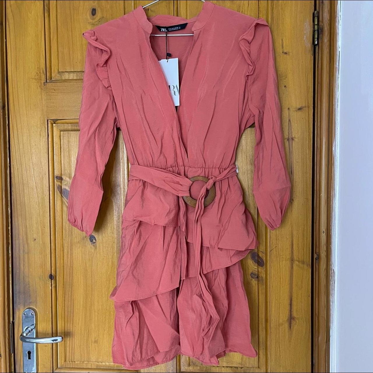 Zara ruffled dress in a pink / coral (Marsala)... - Depop
