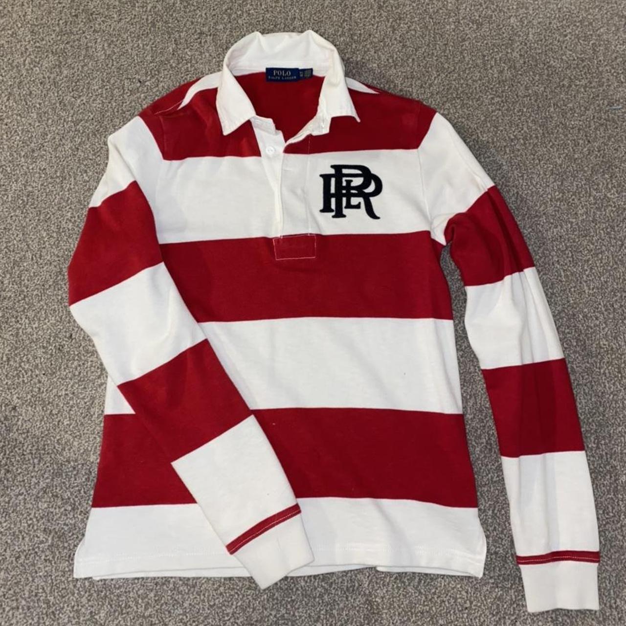 - red and white stripe polo ralph lauren “rugby” top... - Depop