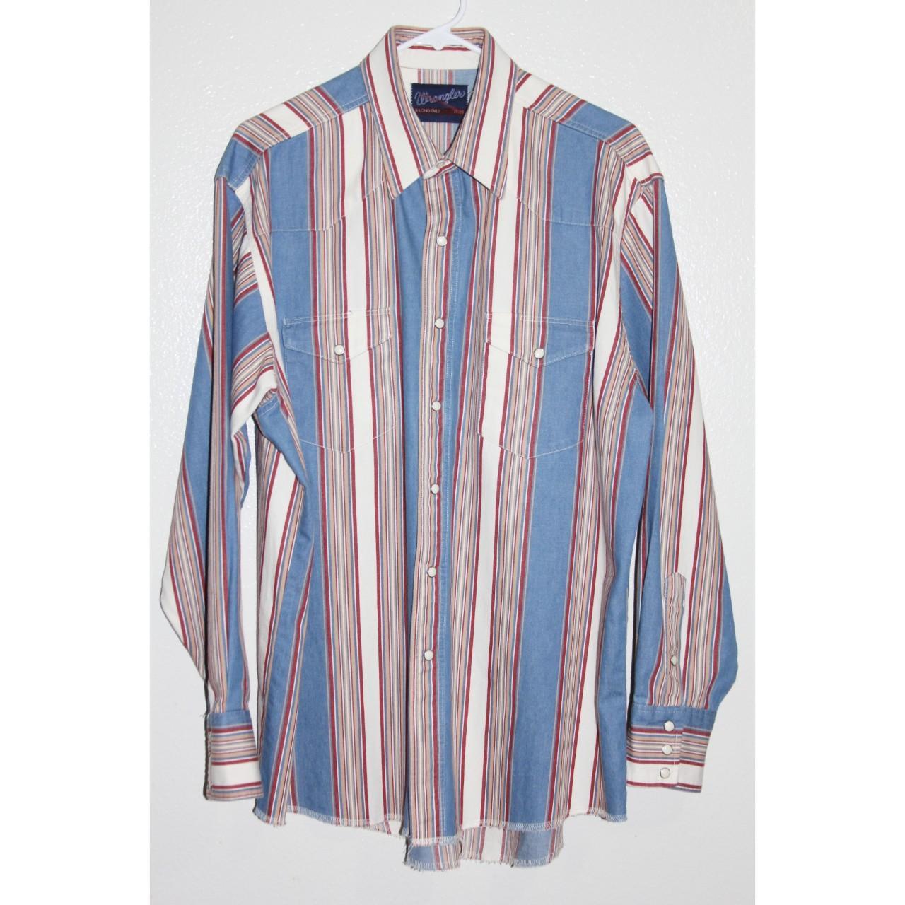 Vintage 90's Wrangler Denim Stripe Pearl Snap Cowboy... - Depop