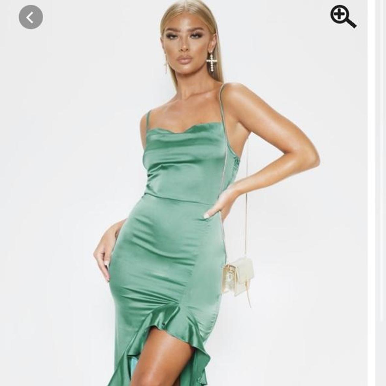 Emerald green satin material with a cowl neckline... - Depop