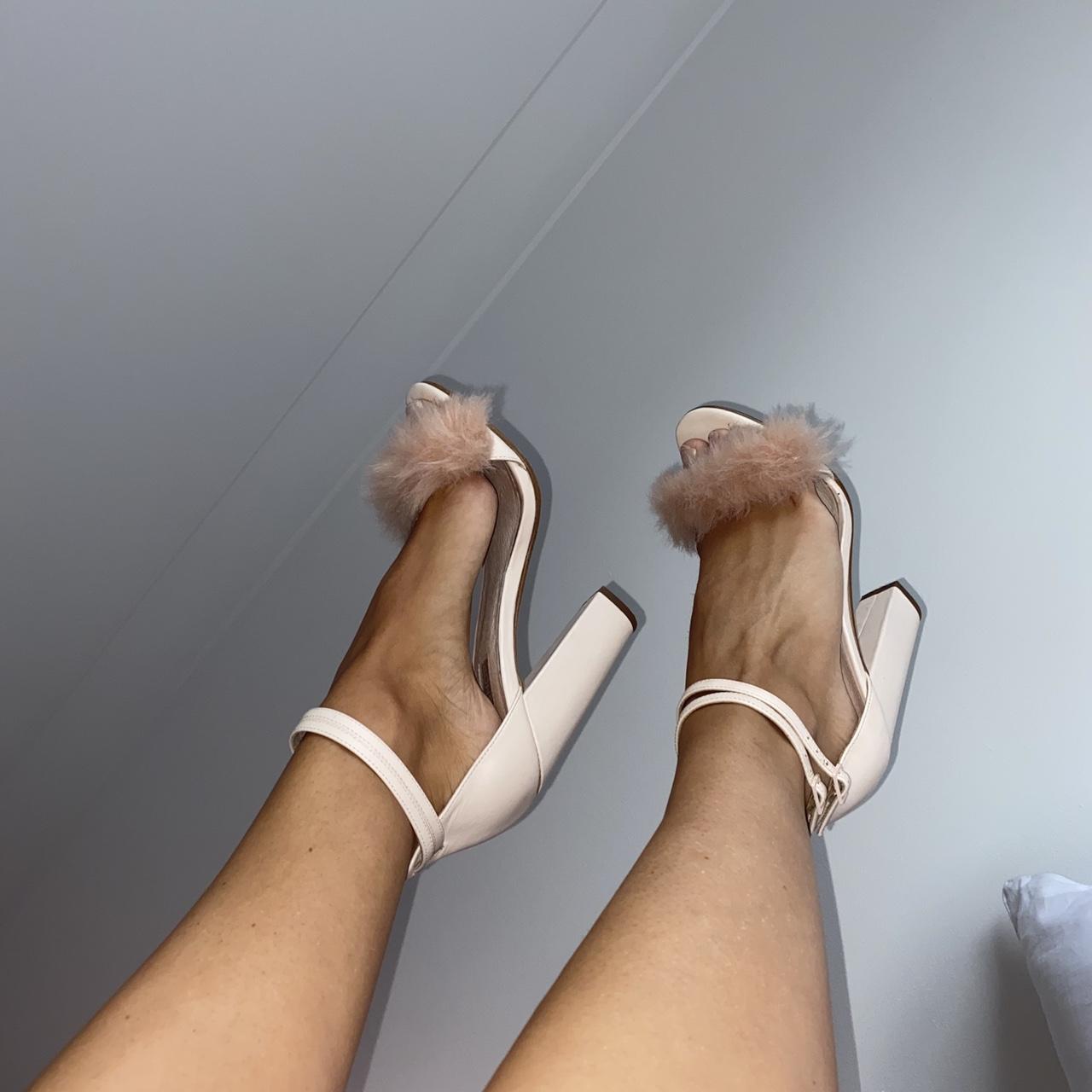 Topshop baby pink fluffy open toe heels. Small mark... - Depop