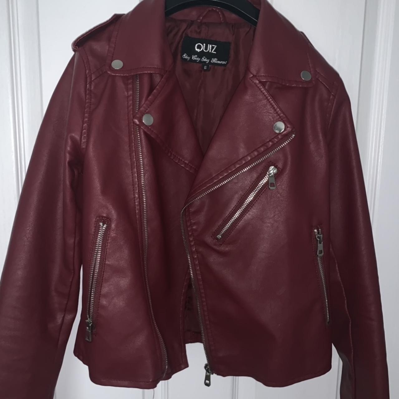 Dark red cropped leather jacket Looks great on... - Depop