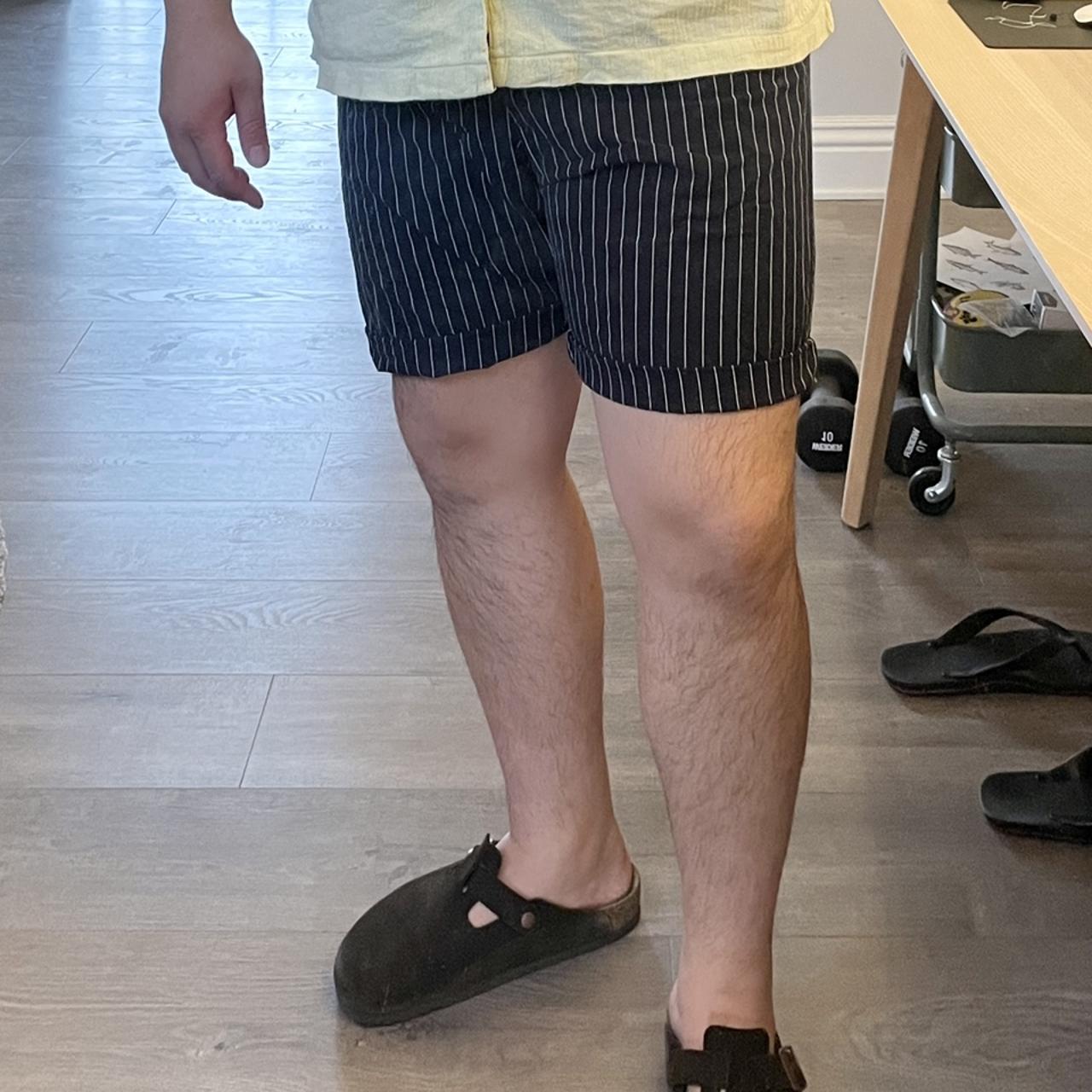 COS Men’s Cut-off Stripped Beach Shorts - Size:... - Depop