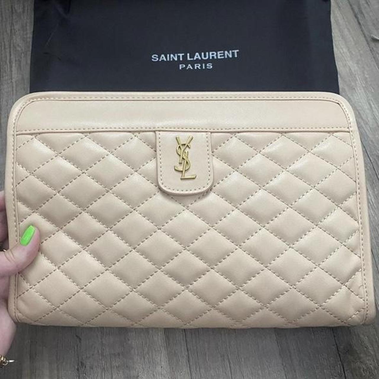 Tan YSL quilted bag with gold chain #ysl #cute... - Depop
