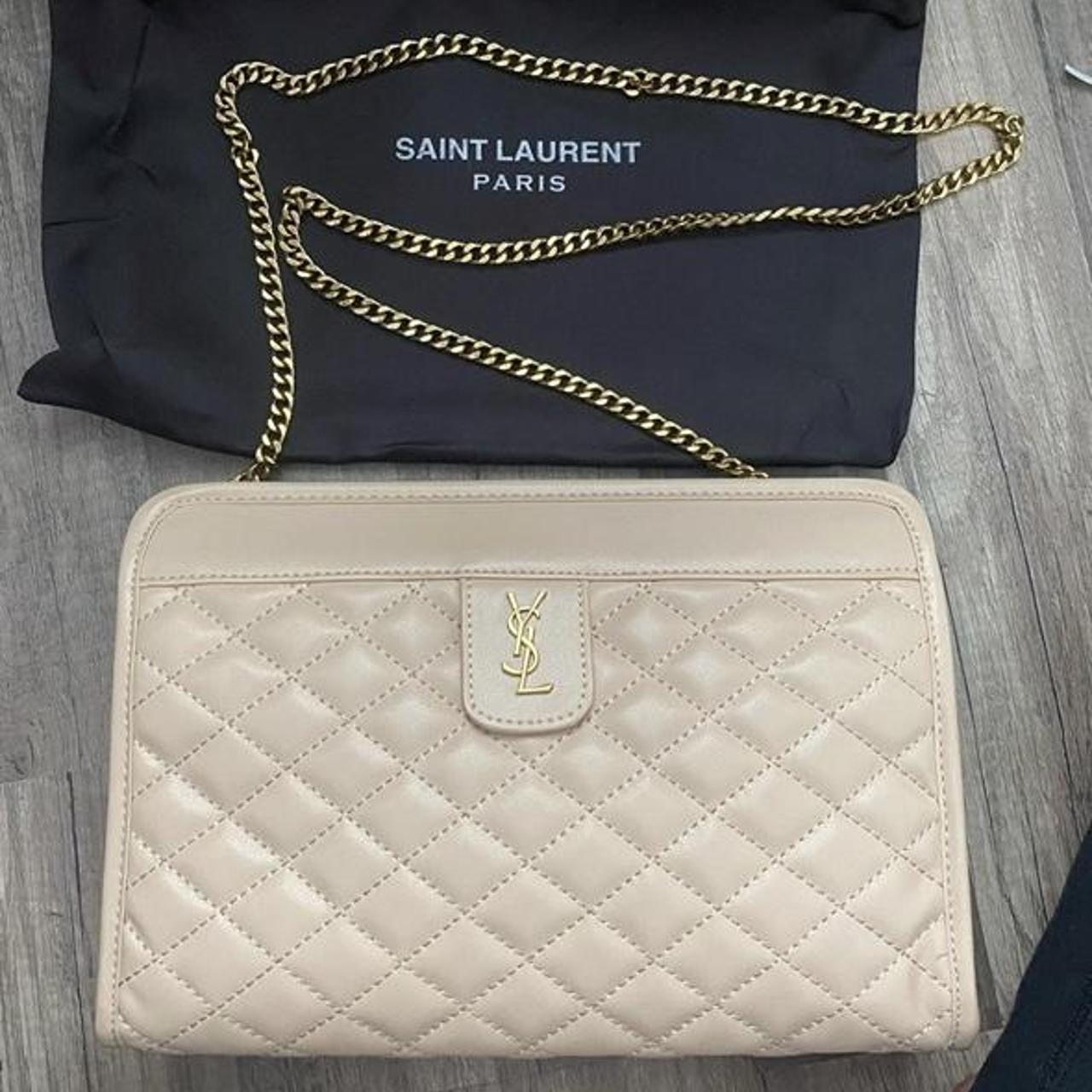 Tan YSL quilted bag with gold chain #ysl #cute... - Depop