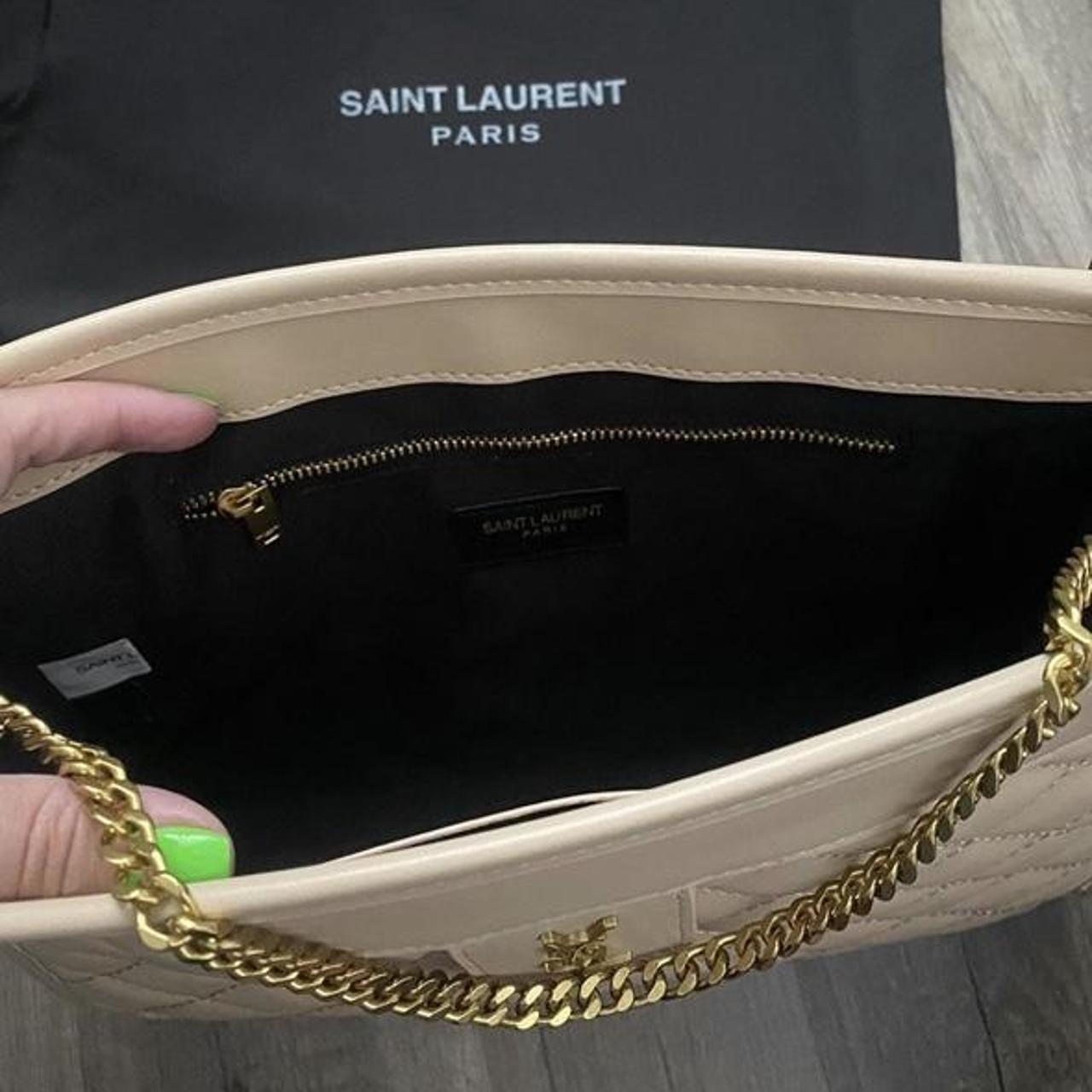 Tan YSL quilted bag with gold chain #ysl #cute... - Depop