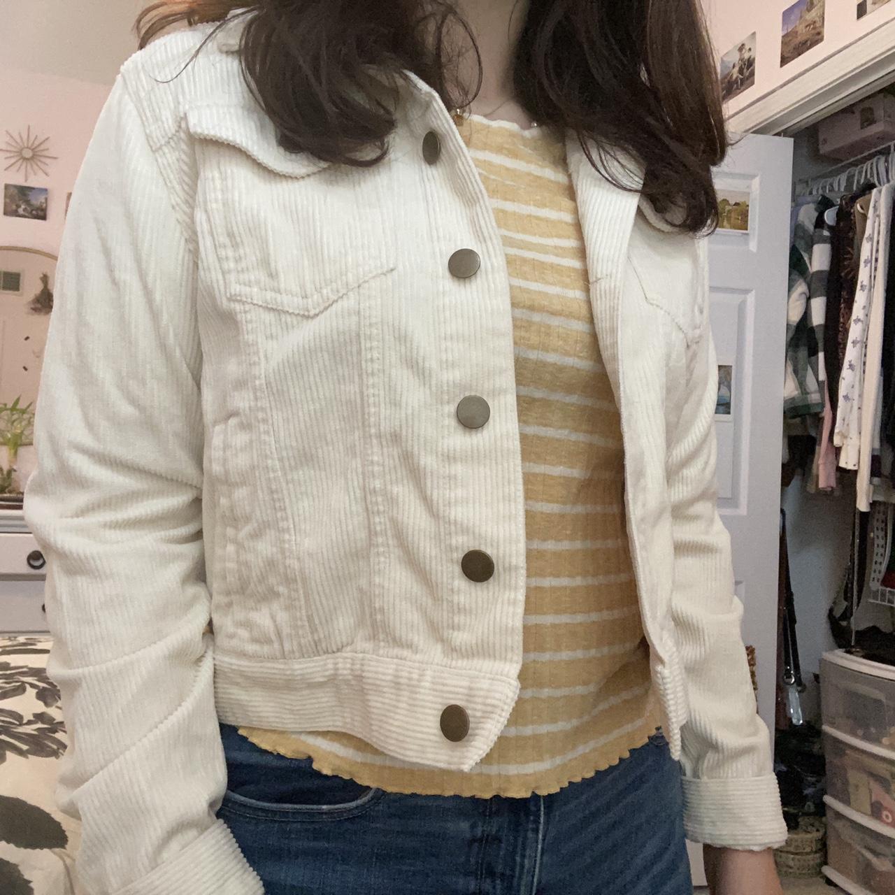 white corduroy denim jacket from forever 21 size:... - Depop
