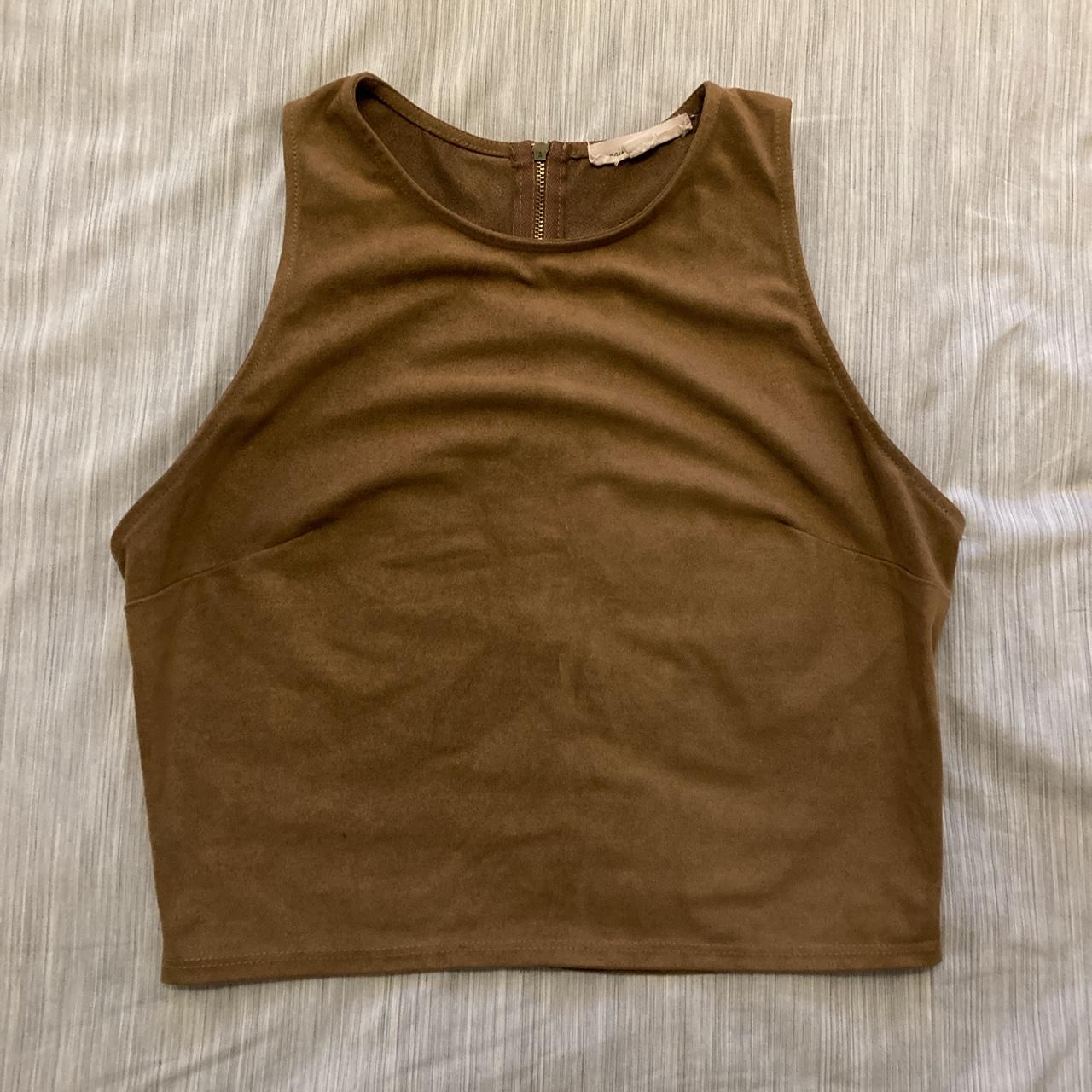 Suede tan sleeveless crop top that zips up the back.... - Depop