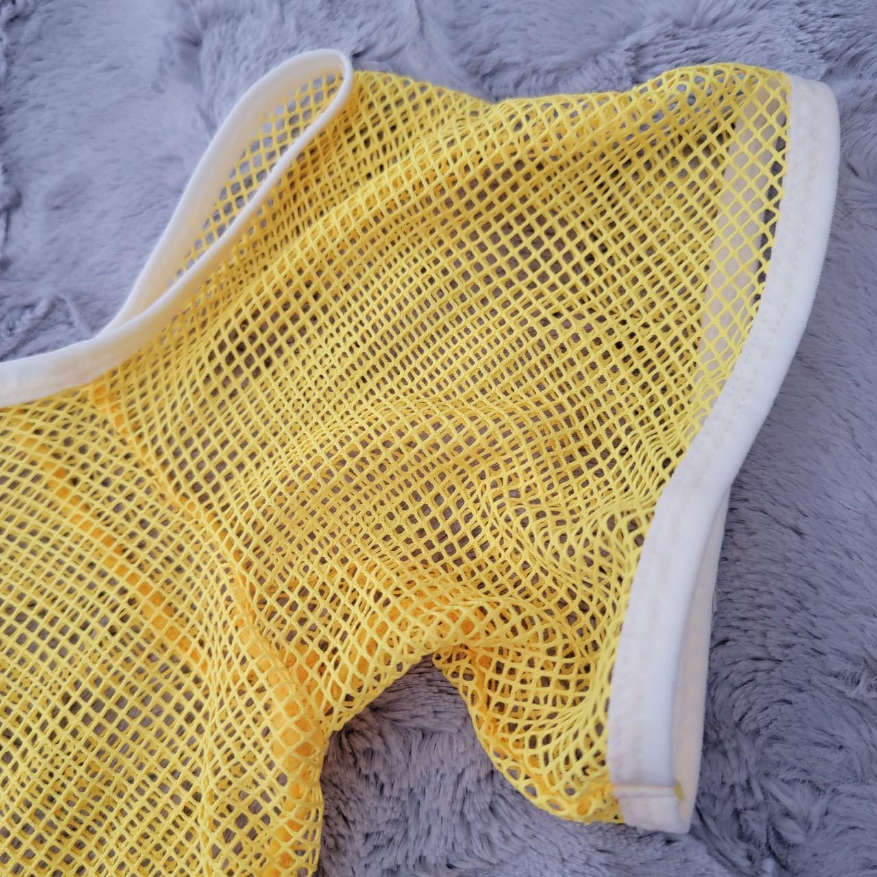 Yellow fishnet crop top with white trim. Shein |... - Depop