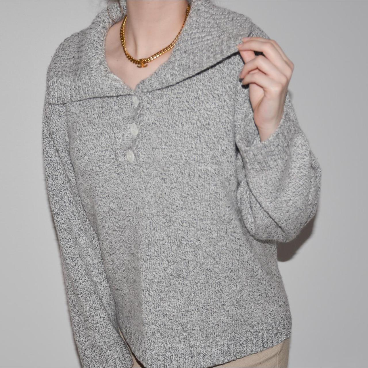 VINTAGE MARLED GREY AND WHITE SWEATER // WIDE COLLAR... - Depop