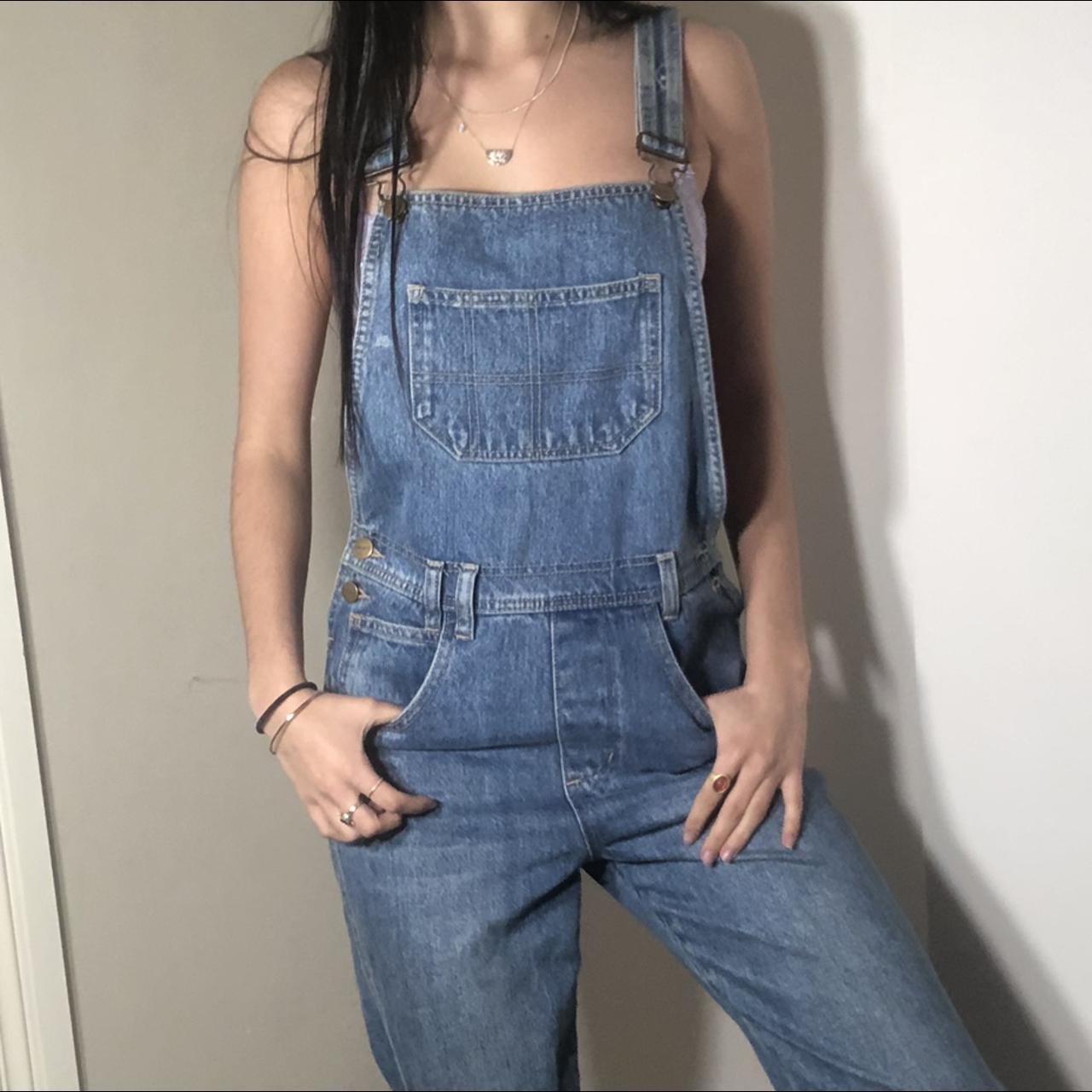 denim overalls with a front pocket. super cute with... - Depop