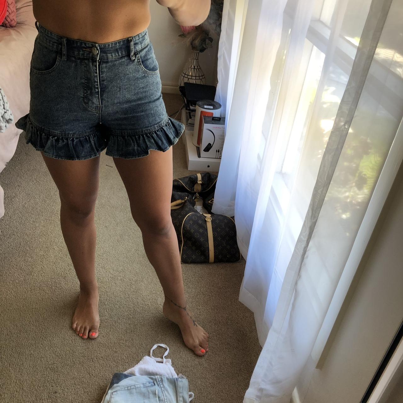 FINDERS KEEPERS DENIM FRILL SHORTS HIGH WAISTED SIZE... - Depop
