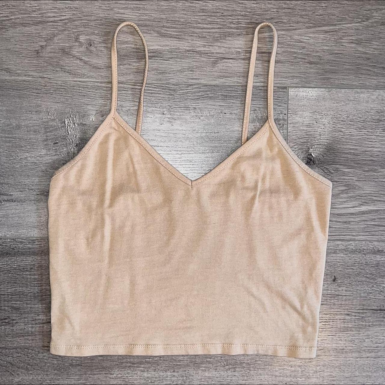 khaki / tan colored crop top spaghetti straps size... - Depop