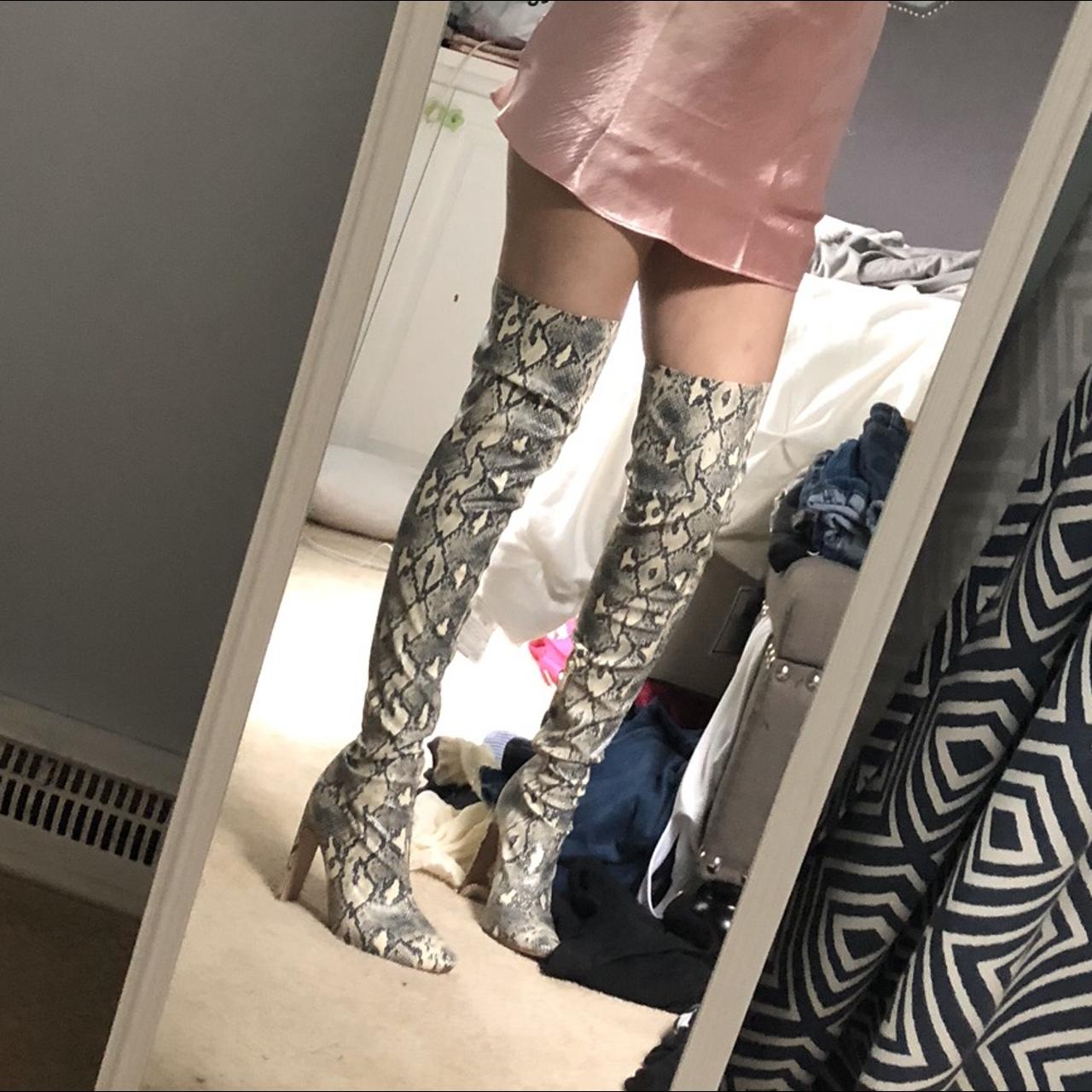 Snake skin thigh high boots from fashionnova... - Depop