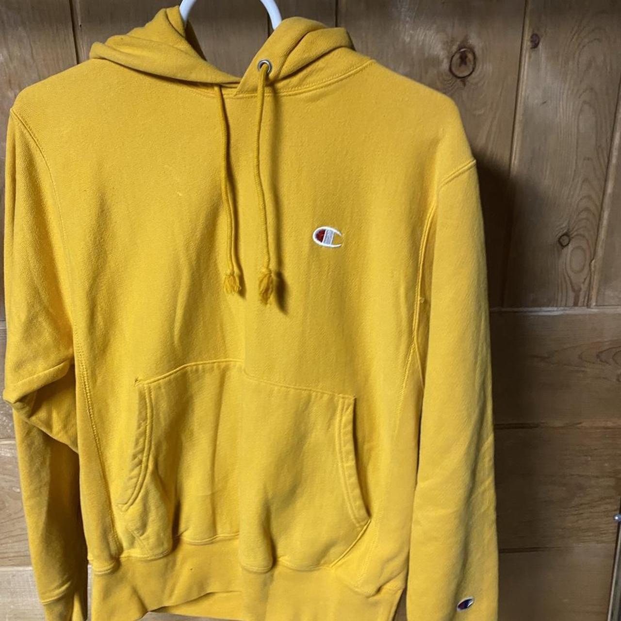 Yellow reverse weave champion hoodie Size small Let... - Depop
