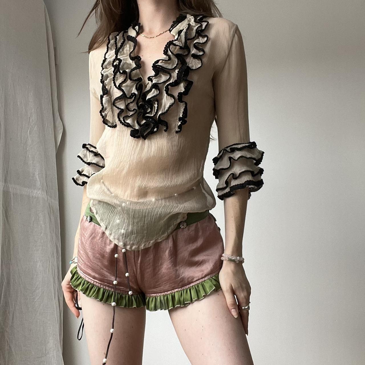 Sheer silk ruffle blouse Vintage lace beige and... - Depop