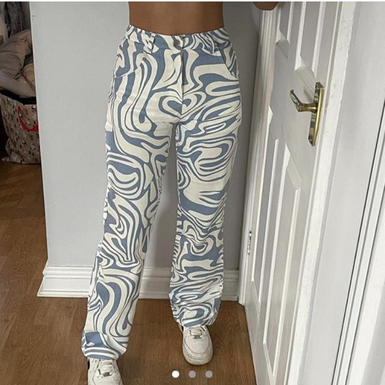 Blue and white marble swirl y2k trousers- super... - Depop