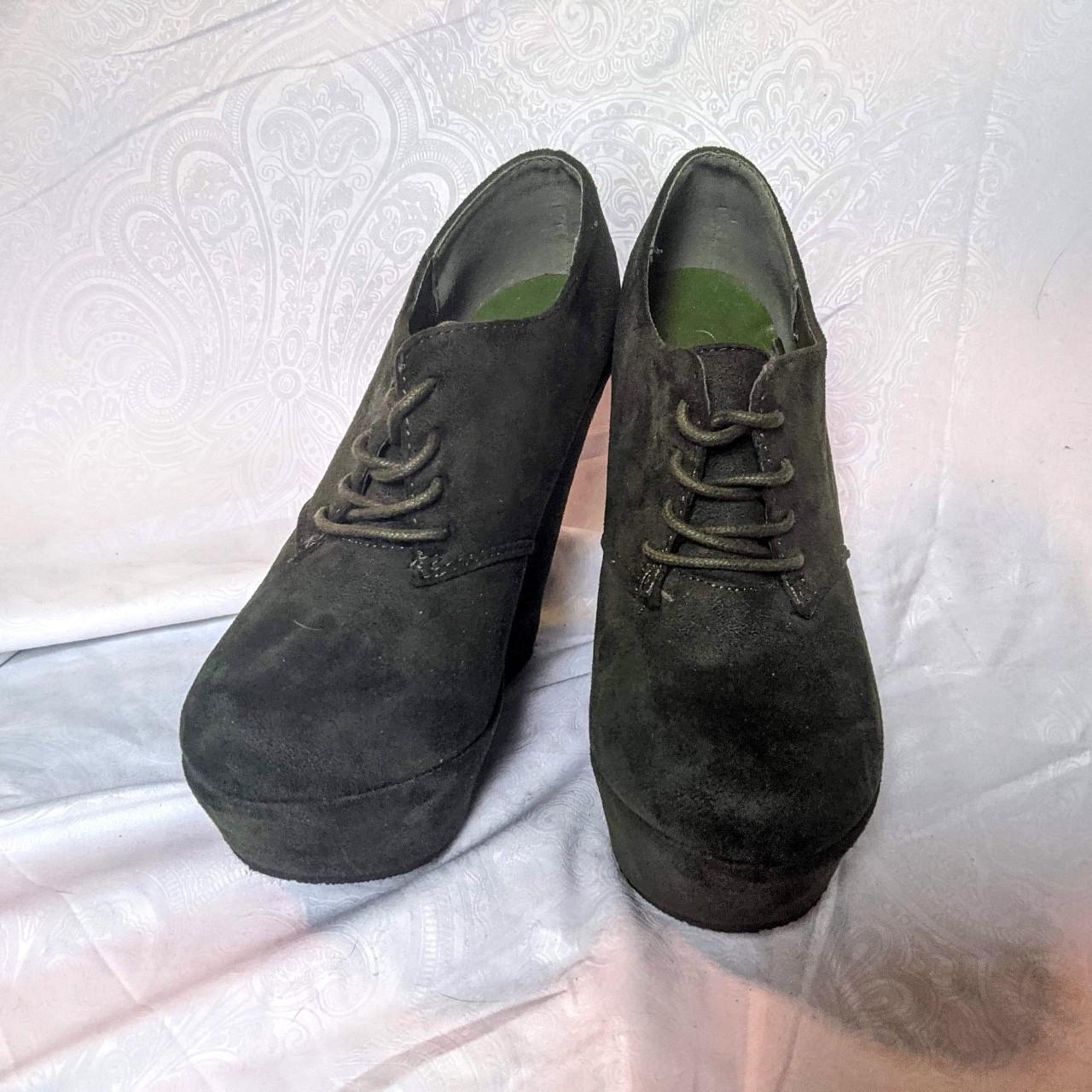 Olive green velvety high wedge with little laces. - Depop