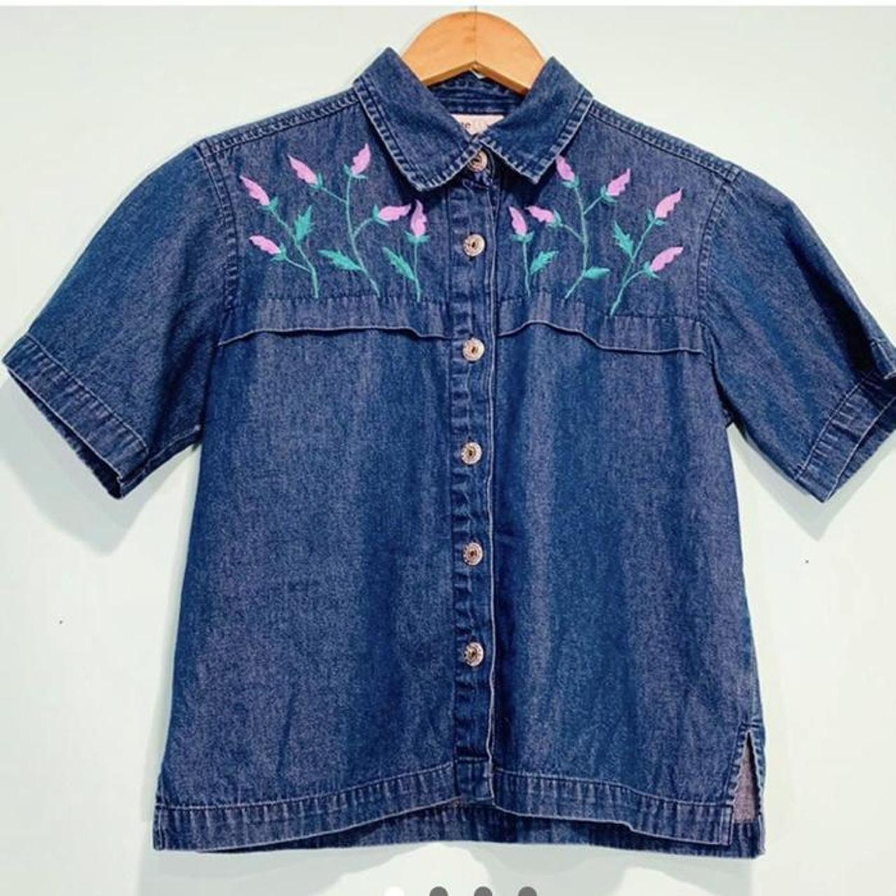 Vintage embroidered floral light denim top Silver... - Depop