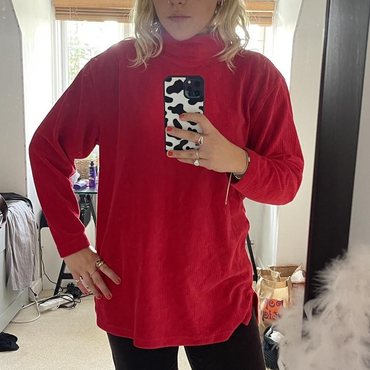 Red turtle neck jumper. Velour. Size medium but... - Depop