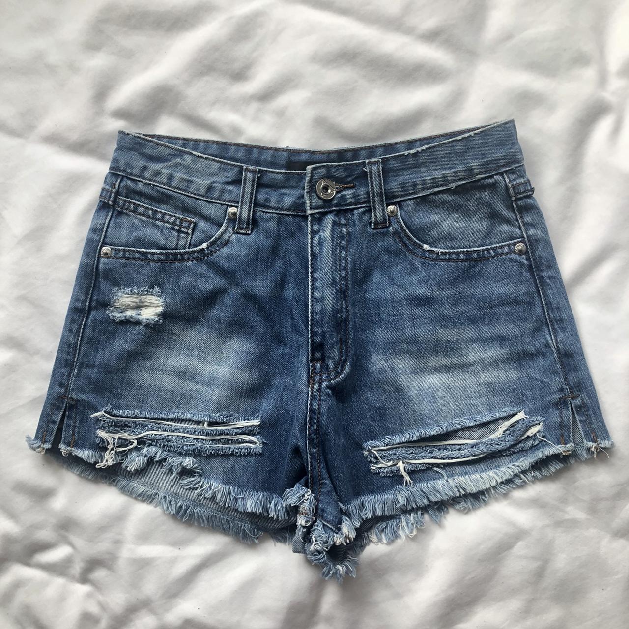 Missguided blue high waisted denim shorts with rip... - Depop
