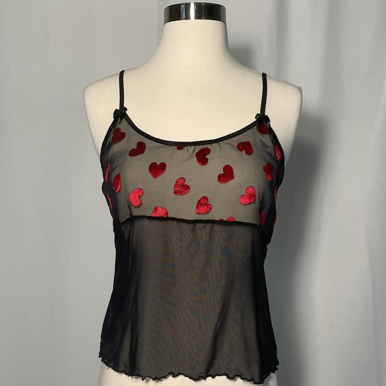90’s black sheer mesh cami with red velvet hearts ♥️... - Depop