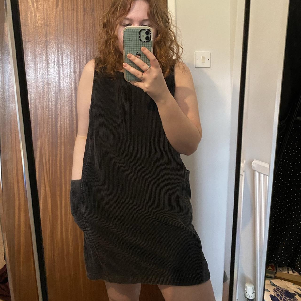 Vintage grey cord pinafore style dress. Big pockets... - Depop