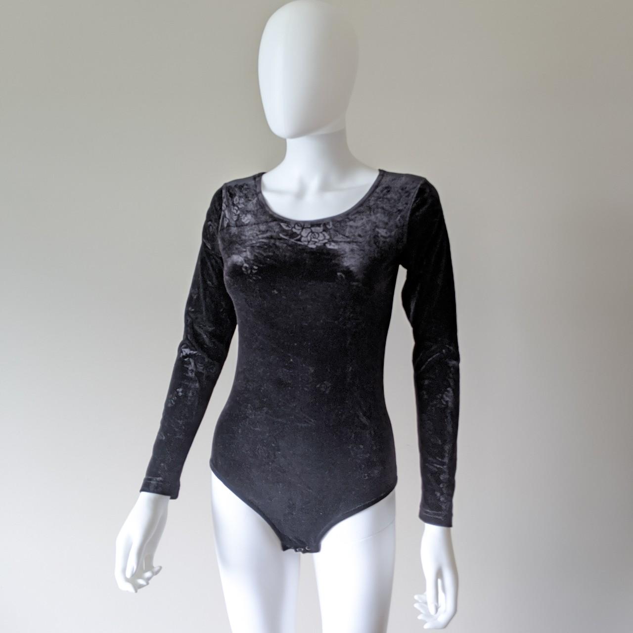 Black Velvet Bodysuit with Rose Texture Full sleeve... - Depop