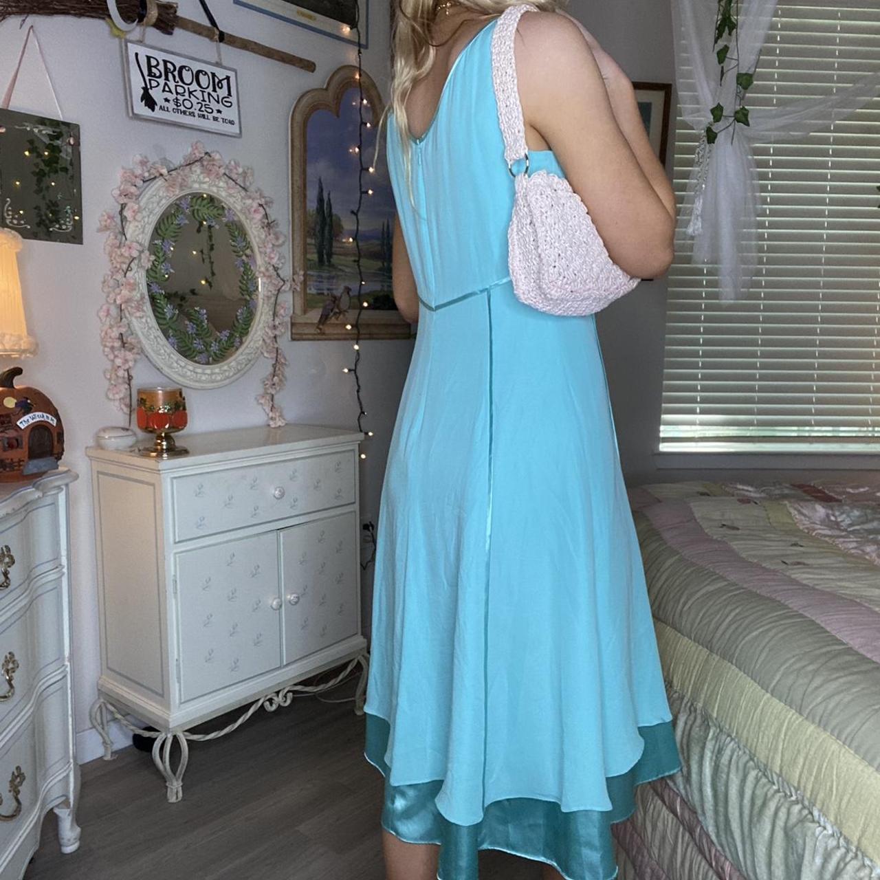 Vintage 90s baby blue midi v-neck dress with blue... - Depop