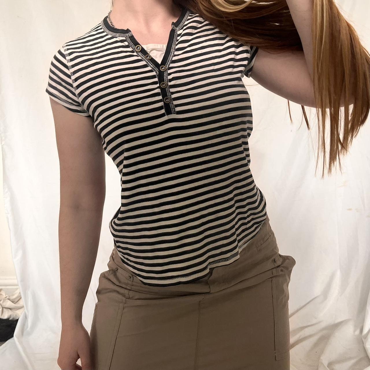 Black and white striped button up T-shirt FREE UK... - Depop