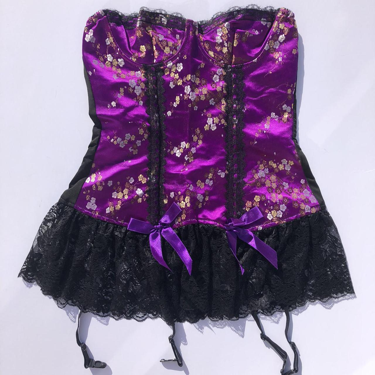 gorgeous purple floral basque with a black lace... - Depop