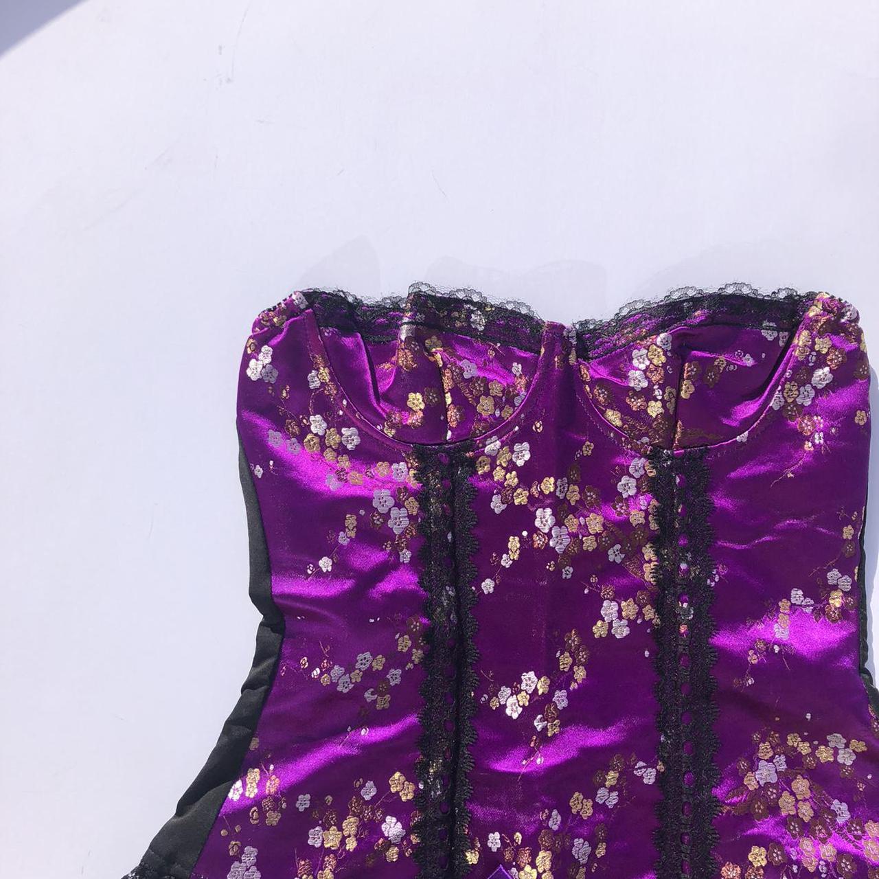 gorgeous purple floral basque with a black lace... - Depop