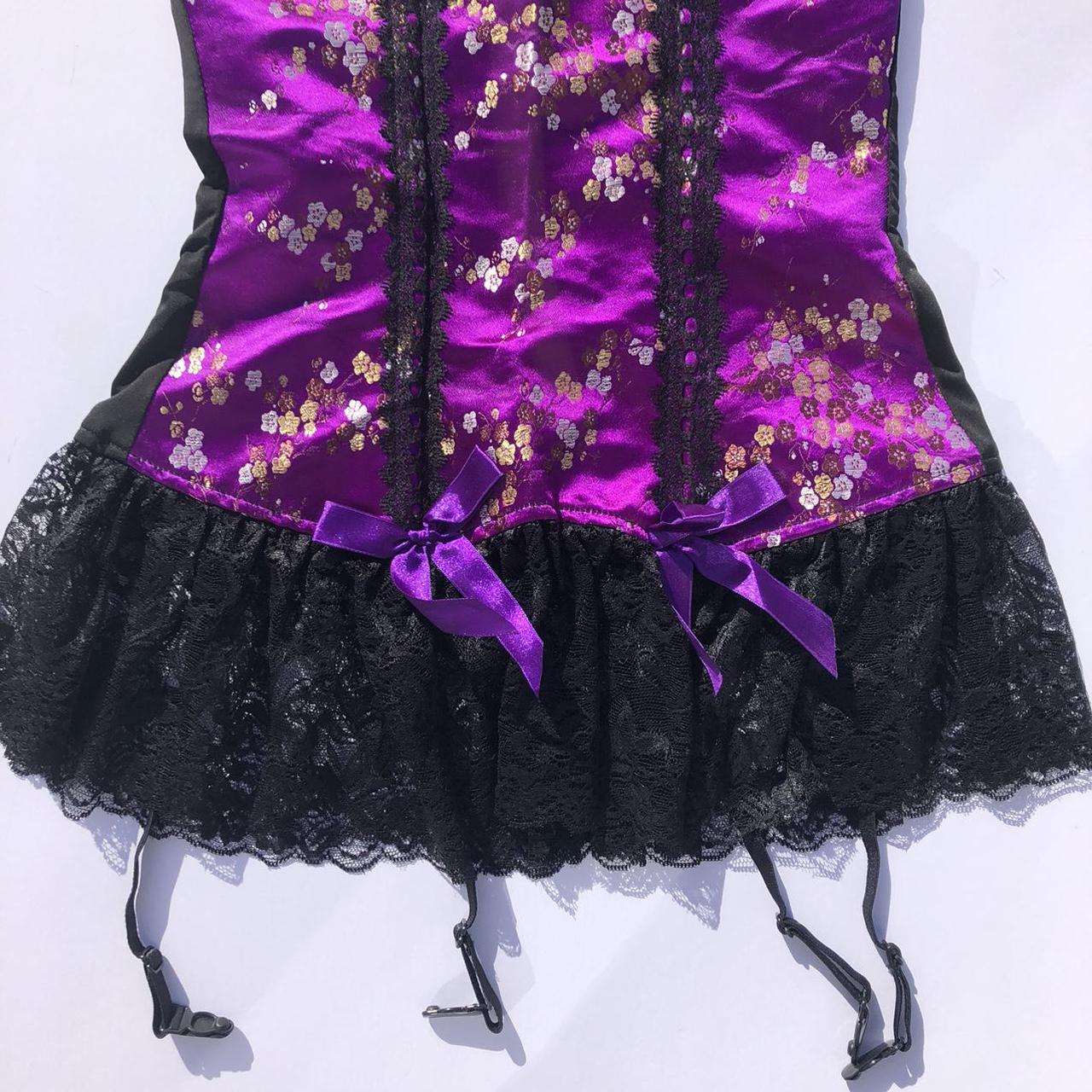 gorgeous purple floral basque with a black lace... - Depop