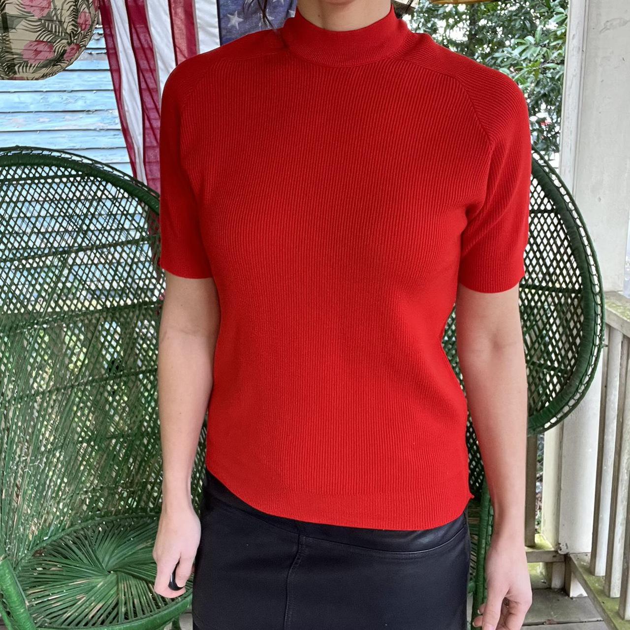 Vintage 50s bright red mock neck short sleeve top.... - Depop