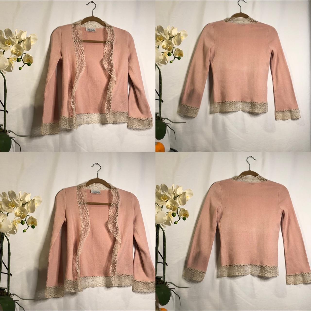 Vintage Terry Bagley Pastel Pink Cardigan w/ Lace... - Depop