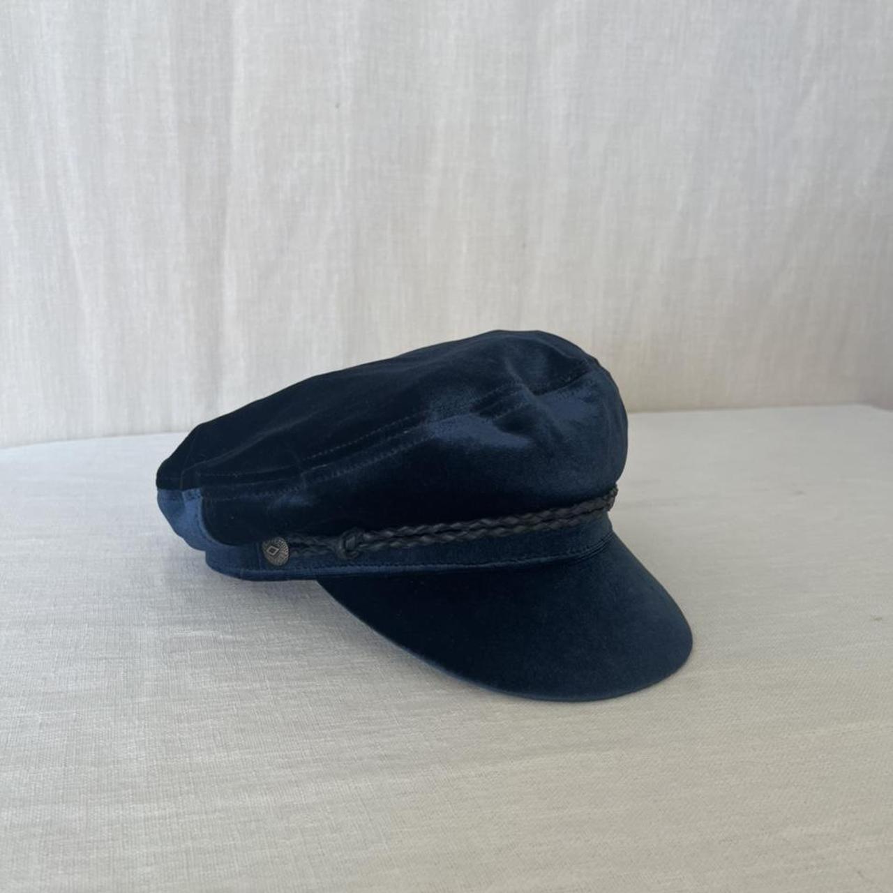 Brixton blue velvet hat. Leather band detail. 56cm,... - Depop