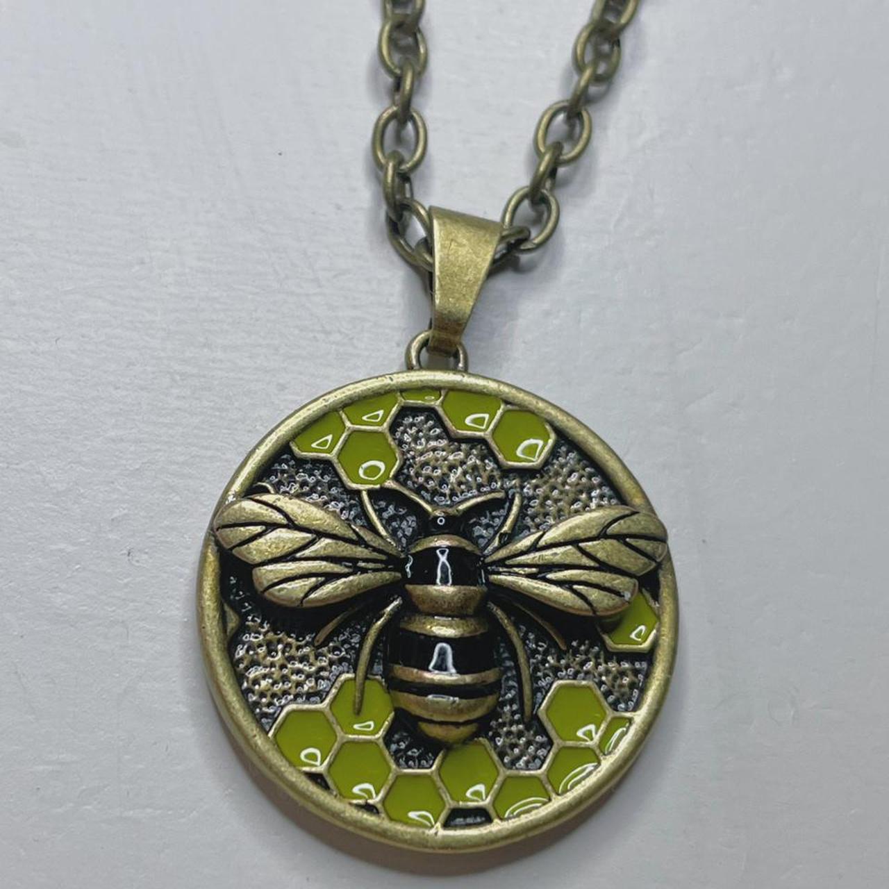Green honeycomb and bee bronze necklace • Lmk how... - Depop