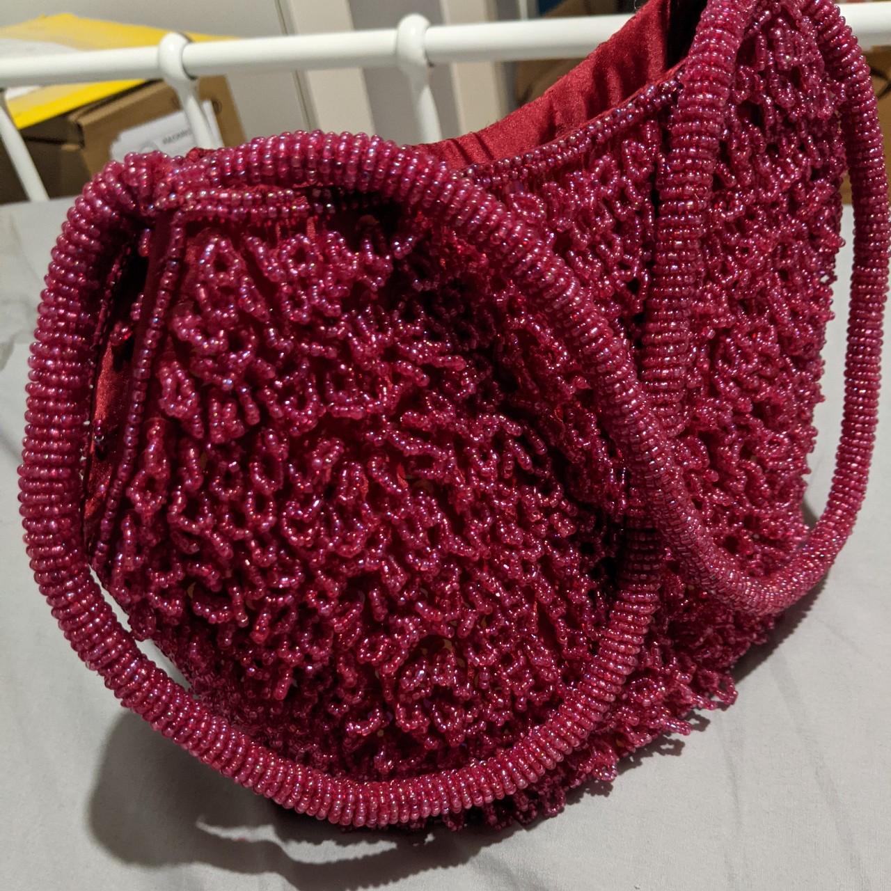 Red evening stand up bag. Sequins, heavily detailed. - Depop