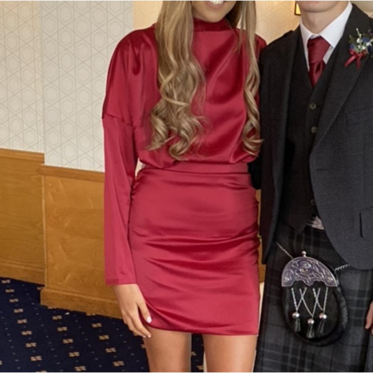 Red High Neck Ruched Back Satin Mini... - Depop