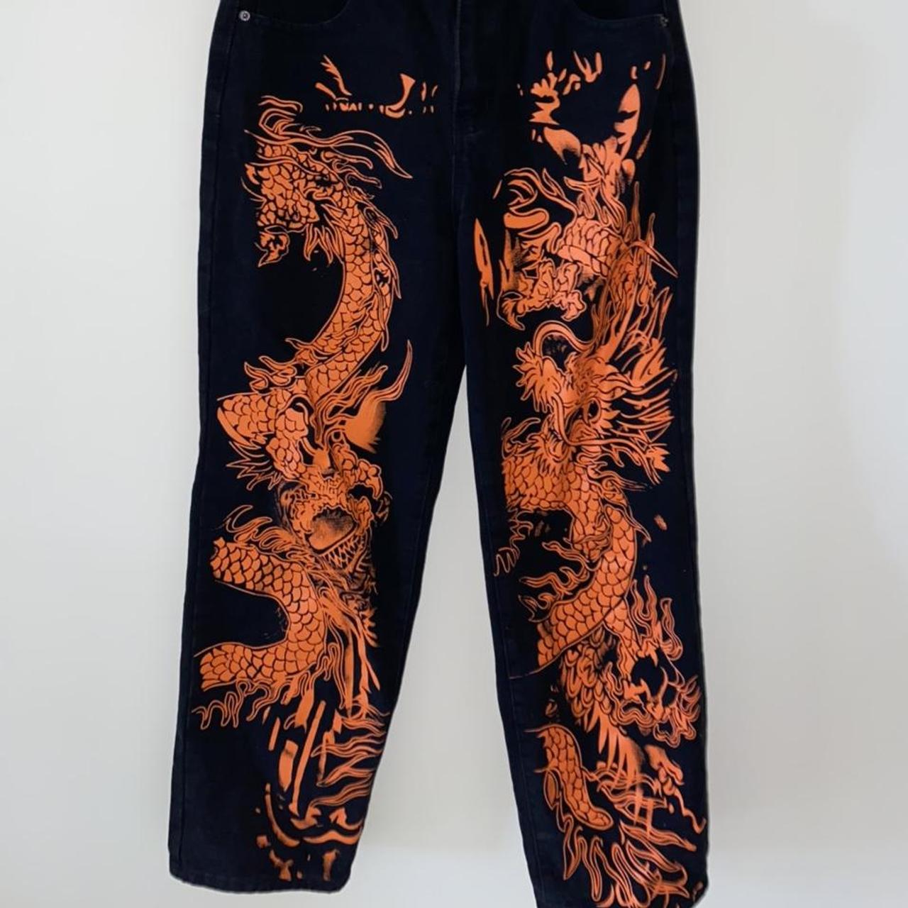 Snazzy dragon print jeans, only worn a couple of... | Depop