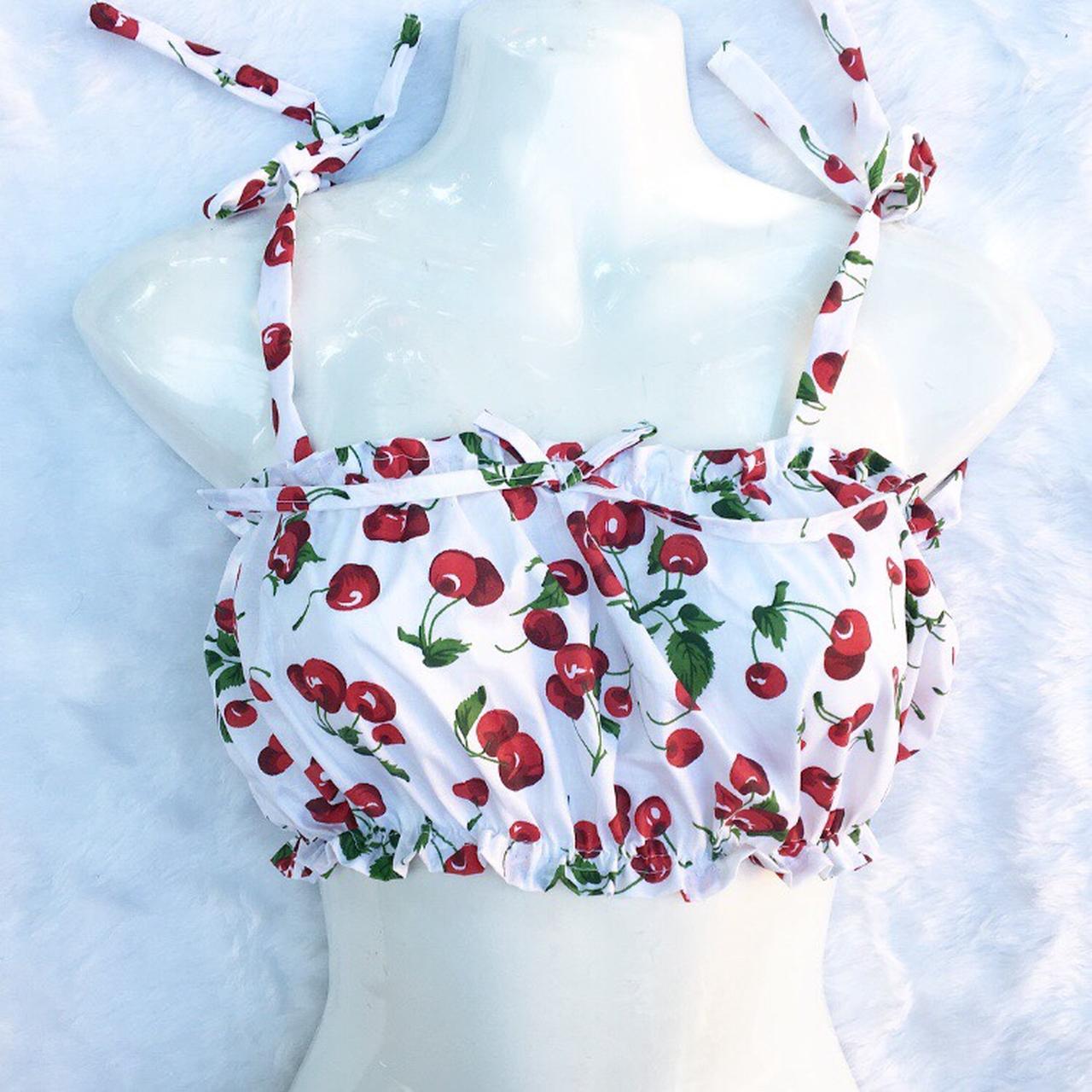 Handmade white cherry crop top with ties. Bandeau... - Depop