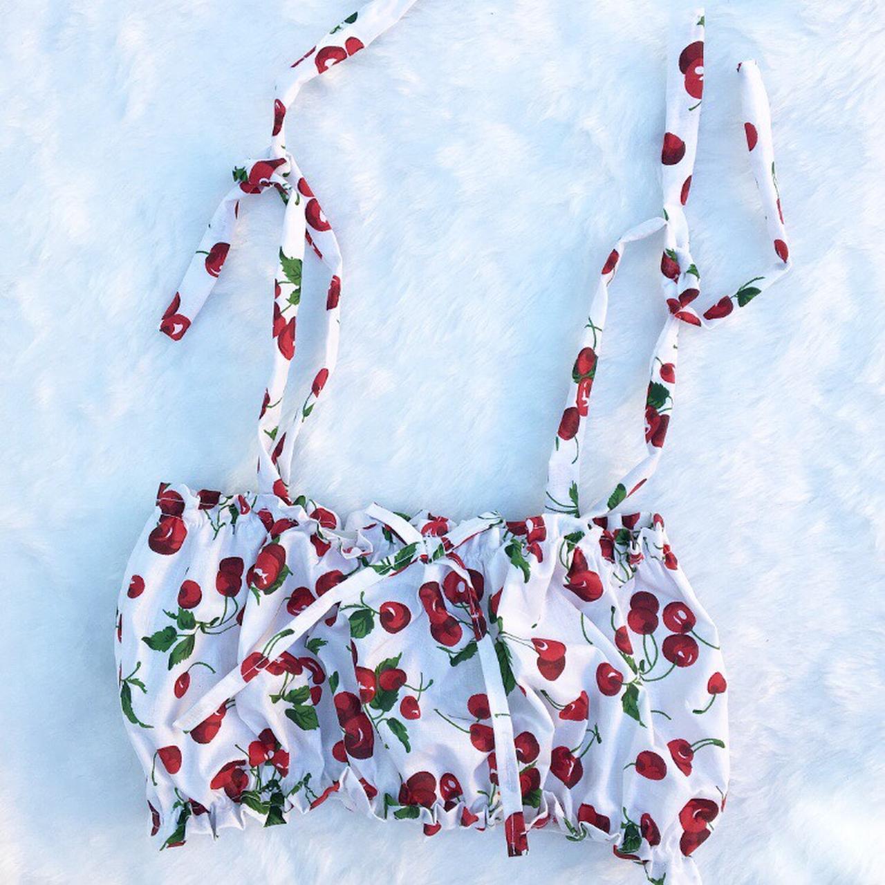 Handmade white cherry crop top with ties. Bandeau... - Depop