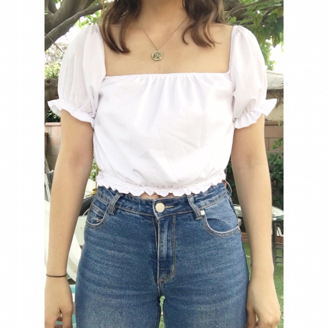 Handmade white off the shoulder top with puff... - Depop