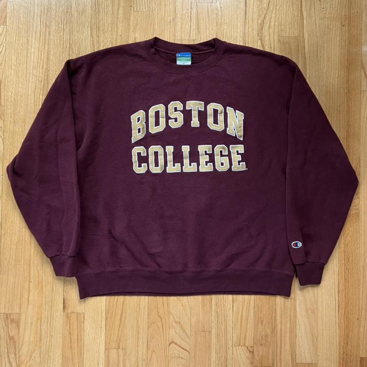 boston college champion stitched crewneck. maroon... - Depop