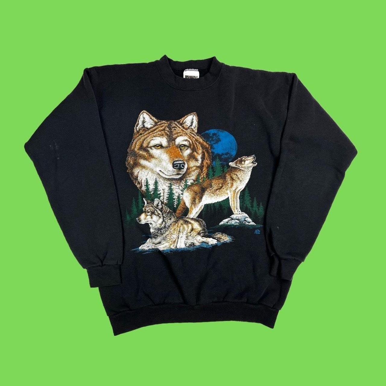 90s Vintage Wolf Graphic Crew Neck Sweatshirt, Black... - Depop