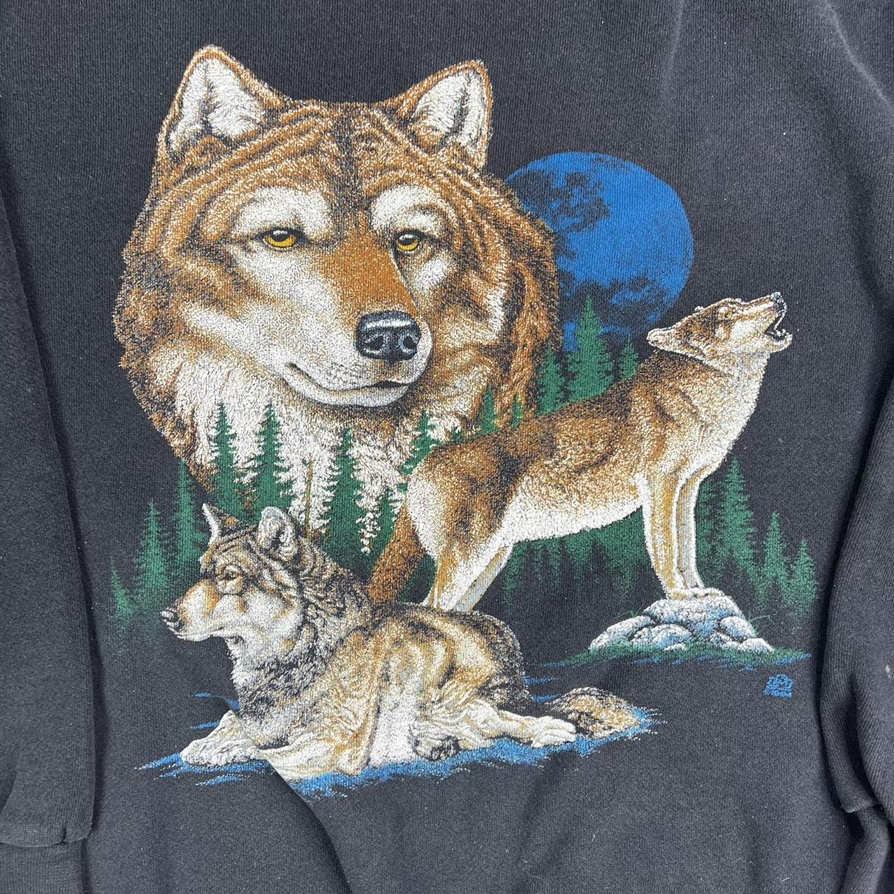 90s Vintage Wolf Graphic Crew Neck Sweatshirt, Black... - Depop