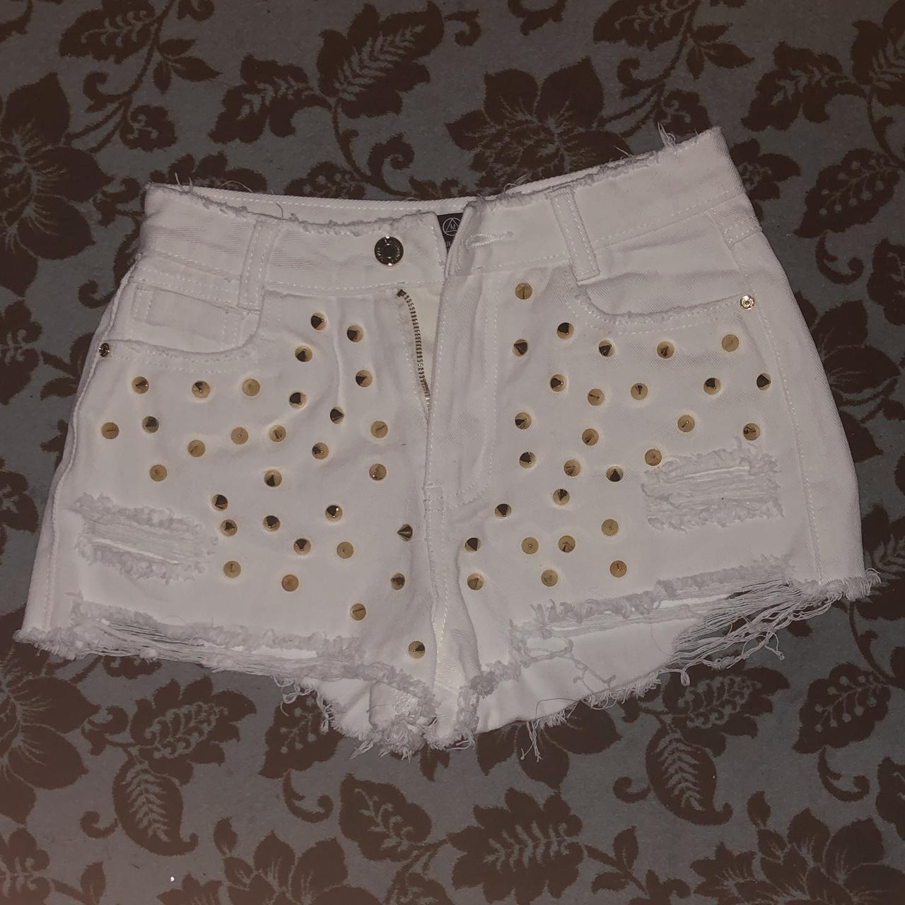 Missguided Studded White Denim Distressed Shorts... - Depop