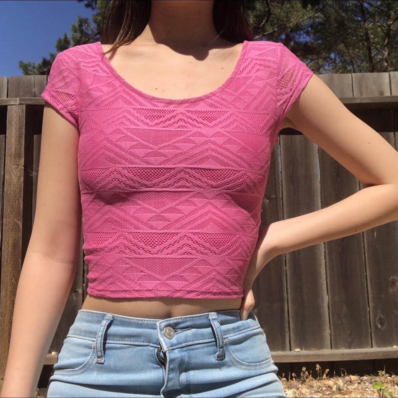 Bright pink “Candie’s” mesh summer crop top in... - Depop