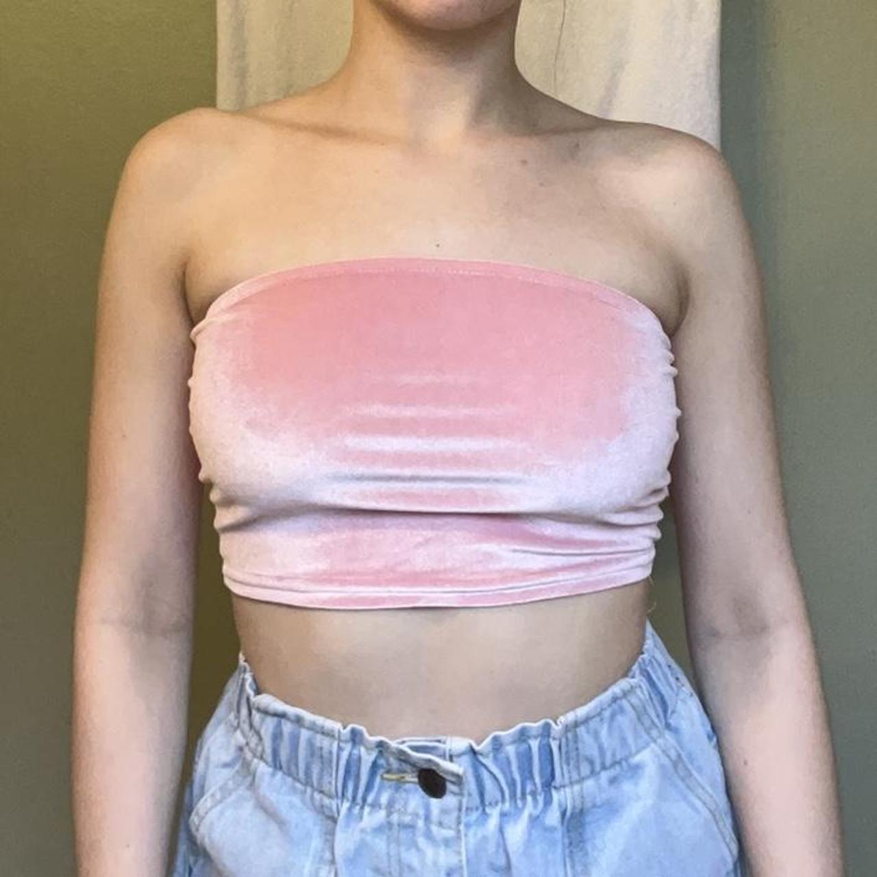 baby pink velvet velour tube top from... - Depop